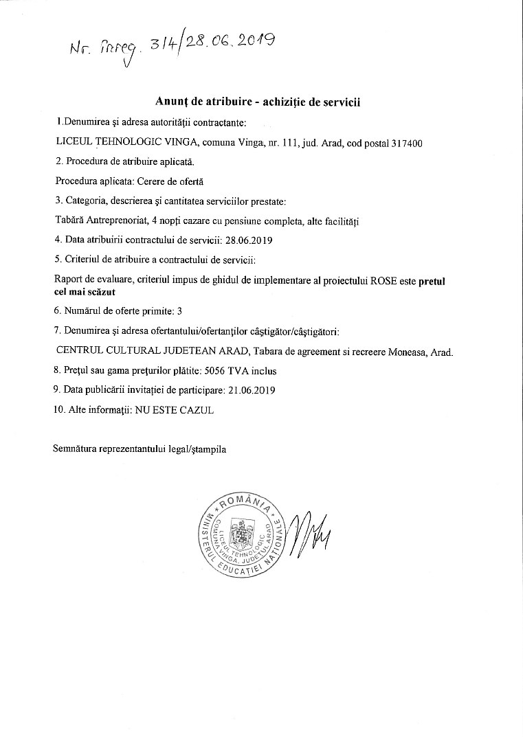 Anunt atribuire – achizitie servicii