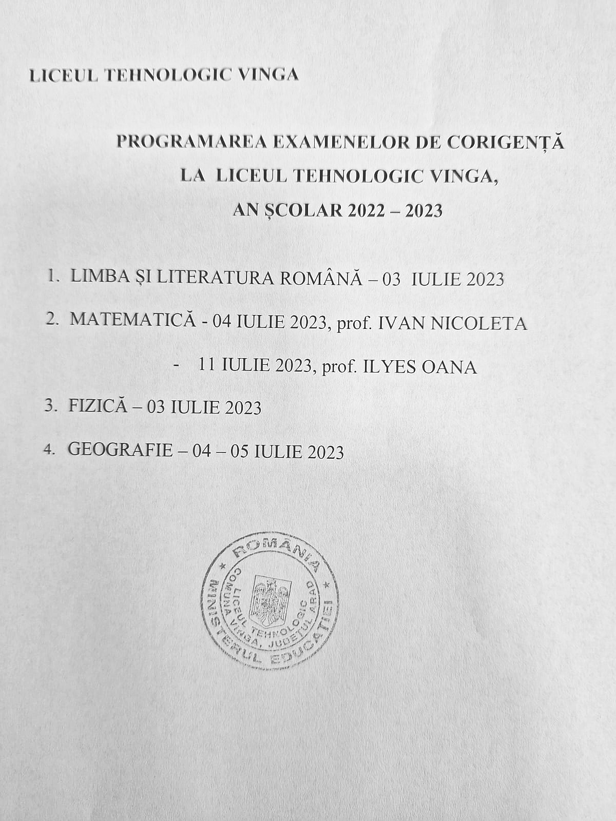Programarea examenelor de corigenta, an scolar 2022-2023